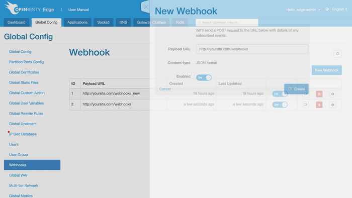 全局 Webhooks 配置 Openresty Inc 产品文档
